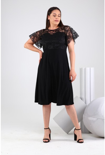 Siyezen Büyük Beden Yakası Dantelli Şık Abiye Elbise Siyah Siyezen Büyük Beden Yakası Dantelli Şık Abiye Elbise Siyah