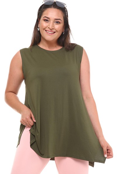 Siyezen Büyük Beden Basic Kolsuz T-Shirt Haki Siyezen Büyük Beden Basic Kolsuz T-Shirt Haki