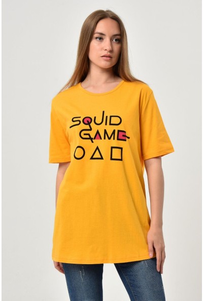 Siyezen Kadın Oversize Squid Game Baskılı T-Shirt Hardal Siyezen Kadın Oversize Squid Game Baskılı T-Shirt Hardal