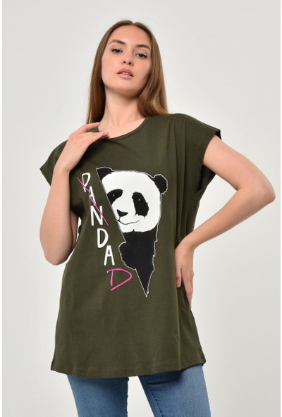 Siyezen Kadın Panda Baskılı Oversize T-Shirt Haki Siyezen Kadın Panda Baskılı Oversize T-Shirt Haki