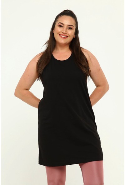 Siyezen Büyük Beden Basic Kolsuz Tunik T-Shirt Siyah