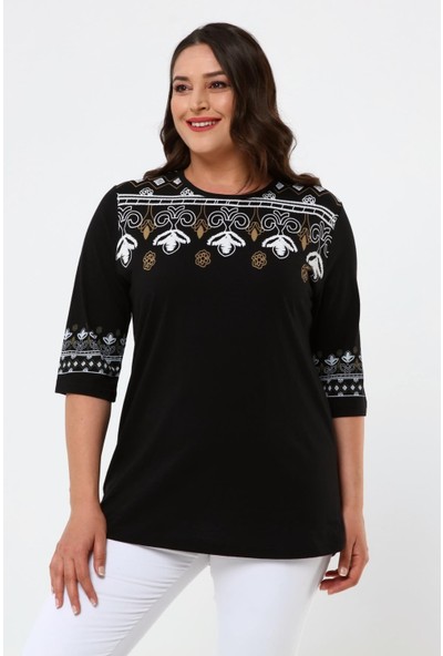 Siyezen Büyük Beden Kolları ve Yakası Baskılı Fakir Kol Bluz Siyah