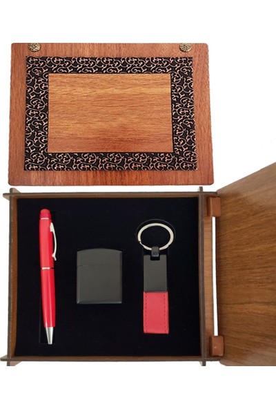 Ahşap Kutulu Kırmızı Kalem Anahtarlık ve Çakmak Set Ahşap Kutulu Kırmızı Kalem Anahtarlık ve Çakmak Set