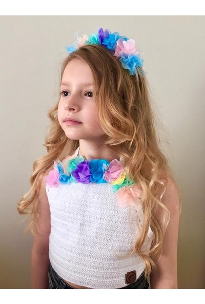 Rengarenk Çiçekli Çocuk Tatil Kutlama Özel Gün Hediyelik Taç ve Büstiyer