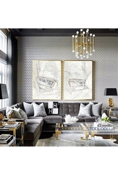 Tablo Plus Bej Soyut Yağlı Boya Dokulu 2'li Tablo Takım