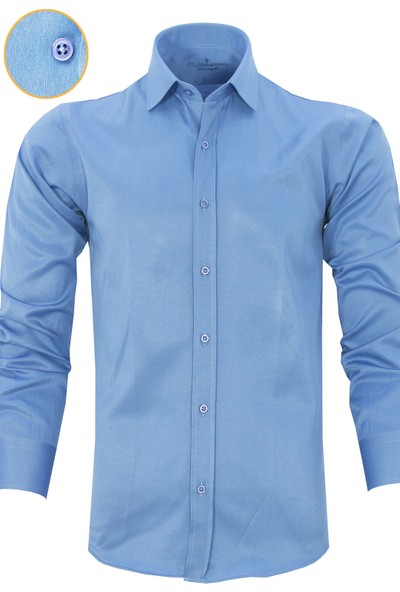 Erkek Indigo Slim Fit Çizgili Uzun Kol Gömlek