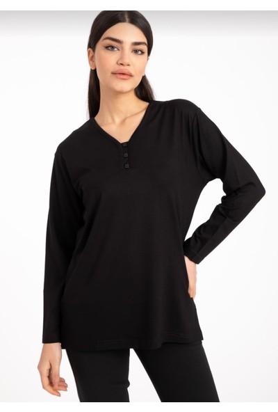 Kadın Siyah V Yaka Likralı Anne Penye Bluz