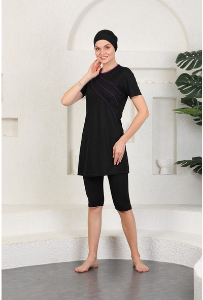 Aslınur Giyim Deniz Mayo Likralı Çabuk Kuruyan Şeritli Yarı Kapalı Tesettür Mayo Siyah
