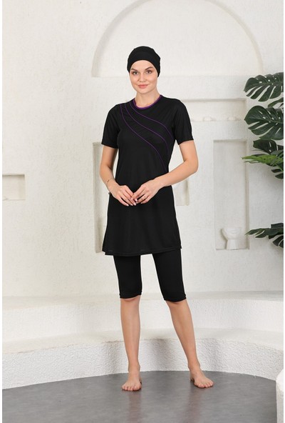 Aslınur Giyim Deniz Mayo Likralı Çabuk Kuruyan Şeritli Yarı Kapalı Tesettür Mayo Siyah
