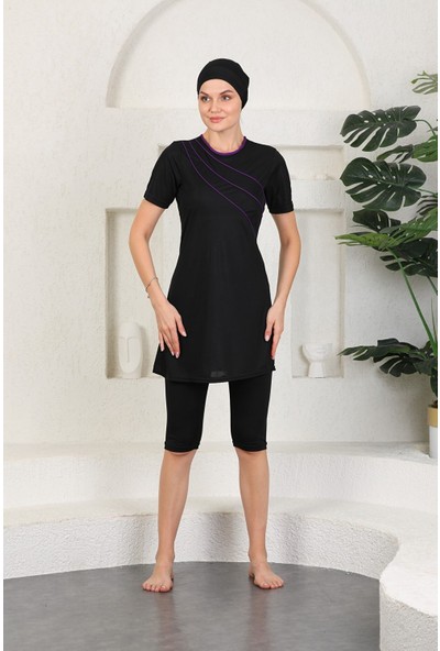 Aslınur Giyim Deniz Mayo Likralı Çabuk Kuruyan Şeritli Yarı Kapalı Tesettür Mayo Siyah