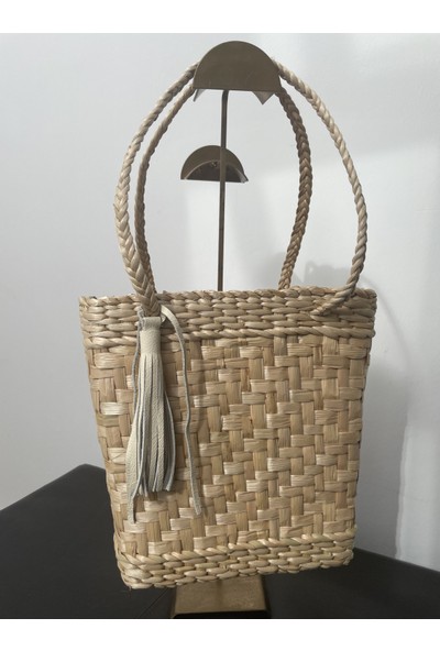 Deri Püskül Aksesuarlı Hasır Plaj Çanta