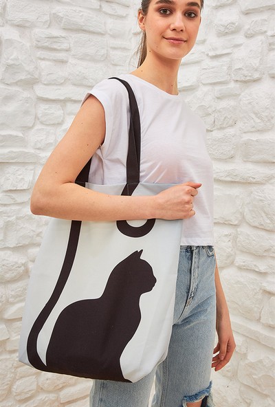 Ecrou Kedi Desenli Bez Çanta