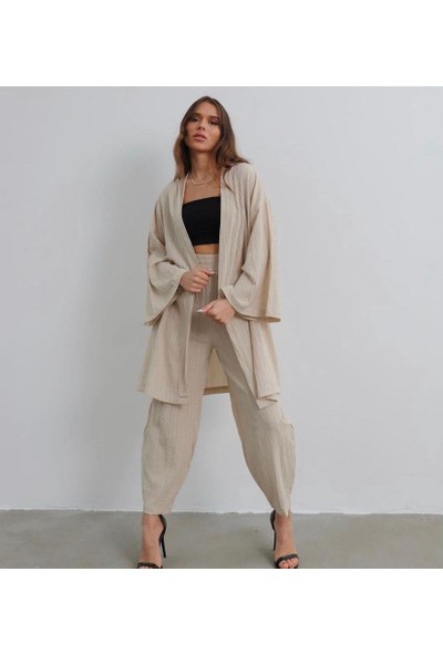 Sıla'nın Butiği Kadın Alt-Üst Oversize Gofre Kimono Takım