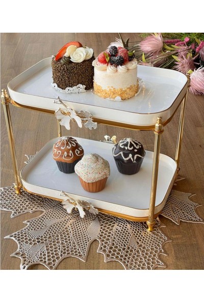 Hena Home Gold Kelebekli Iki Katlı Sunumluk Kurabiyelik