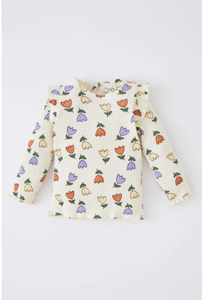 DeFacto Kız Bebek Fitilli Kaşkorse Çiçekli Regular Fit Bisiklet Yaka Uzun Kollu Tişört Y5683A222AU