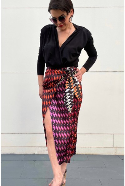 Nou Style Kadın Anvelop Yandan Bağlamalı Midi Desenli Etek