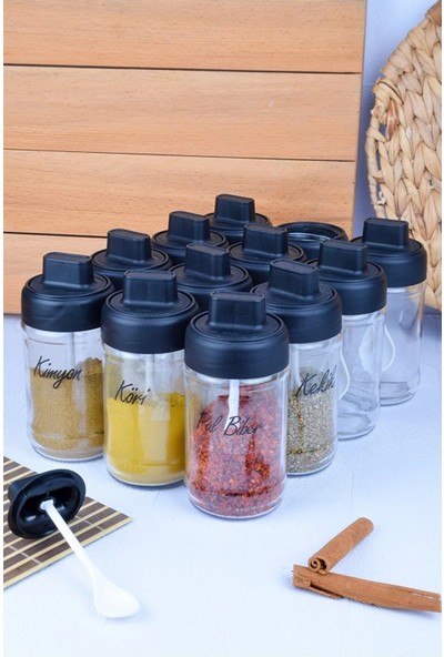 Albak Life 12 Adet Kapağı Kilitli Kendinden Kaşıklı Cam Baharatlık Seti - (300CC)