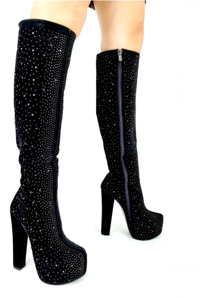 Vento Süet - Siyah Taşlı Diz Altı Kadın Çizme