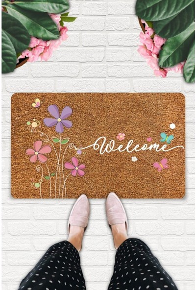 Uygur Home Daisy Welcome Temalı Coco Görünümlü Dekoratif Kapı Önü ve Iç Mekan Paspası
