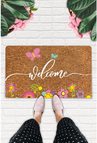 Uygur Home Rengarenk Welcome Temalı Coco Görünümlü Dekoratif Kapı Önü ve Iç Mekan Paspası
