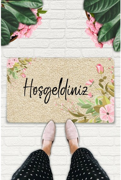 Hoşgeldiniz Tulip Temalı Dekoratif Kapı Önü ve Iç Mekan Paspası