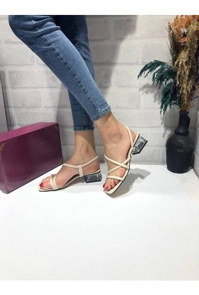 Eptc Eptc-Kadın Şeffaf Topuk Krem Biyeli Topuklu Ayakkabı-Sandalet-Terlik