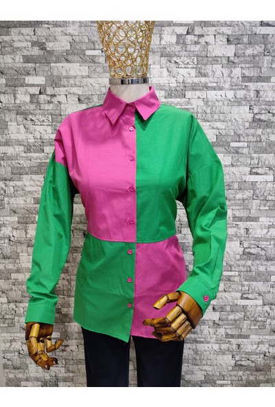 Butik Sosyete Damalı Yeşil Pembe Gömlek