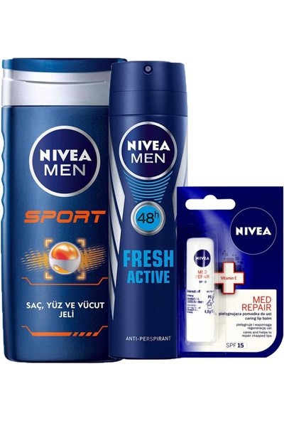 Nivea Sport Erkekler Için Saç & Yüz & Vücut Jeli 250 Ml+Nivea Men Fresh Deodorant 150ml+Nıvea Med Repair Dudak Bakım Kremi Nivea Sport Erkekler Için Saç & Yüz & Vücut Jeli 250 Ml+Nivea Men Fresh Deodorant 150ml+Nıvea Med Repair Dudak Bakım Kremi