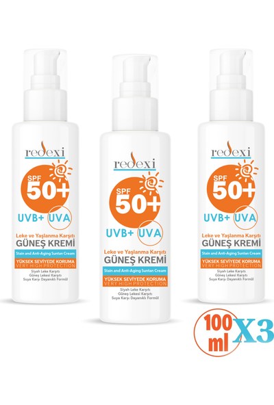 Redexi 3'Lü Set Güneş Kremi Spf 50+ Leke Ve Yaşlanma Karşıtı Yüksek Koruma Tüm Ciltler 100x3 Ml