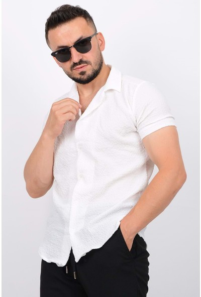 Edwox Erkek Gofre Kumaş Slim Fit Kısa Kollu Beyaz Gömlek Edwox Erkek Gofre Kumaş Slim Fit Kısa Kollu Beyaz Gömlek