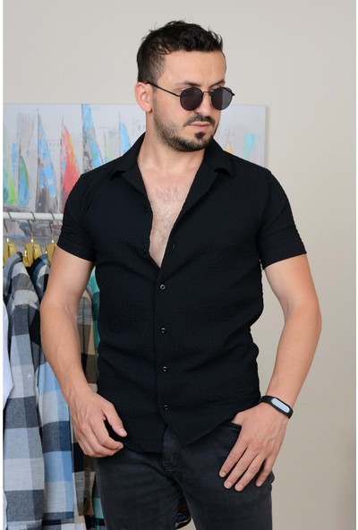 Edwox Erkek Krep Kumaş Siyah Kısa Kollu Gömlek