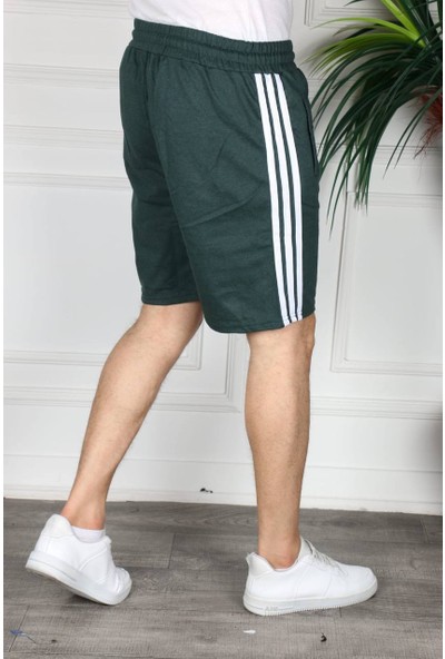 Petrol Yeşili Cebi Fermuarlı 3 Şerit Desenli Şort