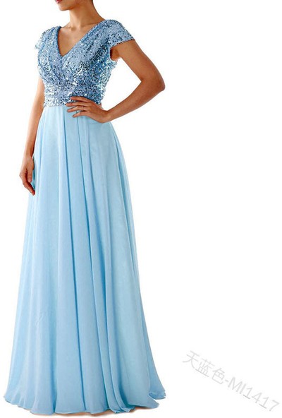 Dlloer V Yaka Abiye Gece Elbisesi - Mavi (Yurt Dışından) Dlloer V Yaka Abiye Gece Elbisesi - Mavi (Yurt Dışından)