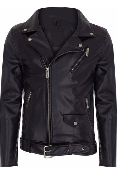 NorthFashion Erkek Siyah Iç Cepli Kemerli Model Deri Ceket