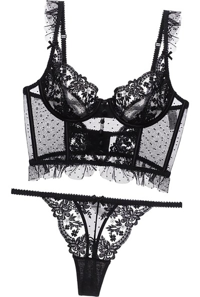 Flameer Kadın Iç Çamaşırı Seti Dantel Şeffaf Sütyen Külot Setleri Bodysuit Balayı Gelin S Siyah