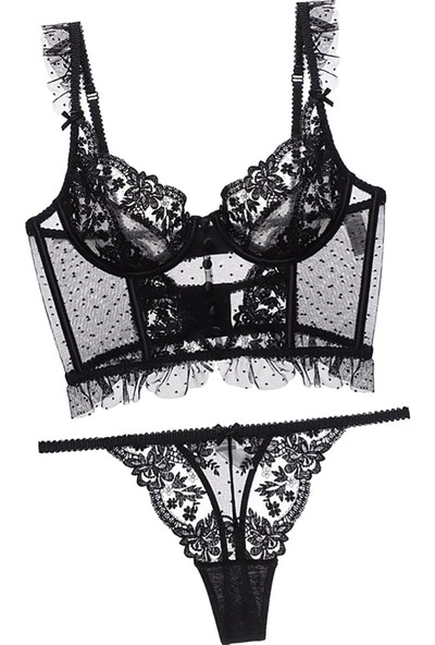 Flameer Kadın Iç Çamaşırı Seti Dantel Şeffaf Sütyen Külot Setleri Bodysuit Balayı Gelin M Siyah