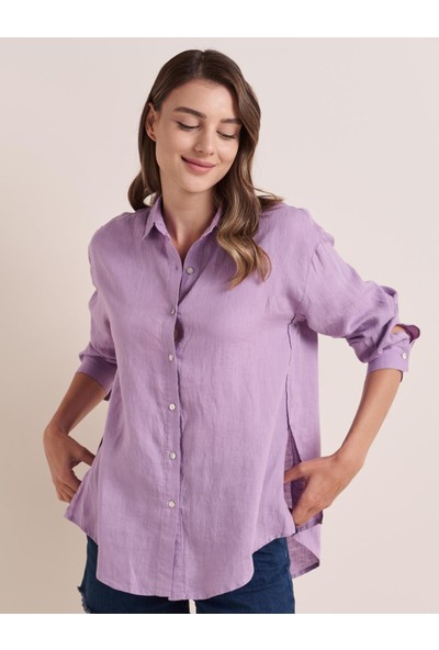 Jimmy Key Kadın Mor Bol Kesim Uzun Kollu Keten Gömlek