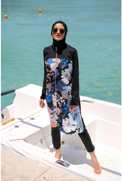 Marina Siyah Kadın Çiçek Desenli Tasarım Tesettür Mayo M2265