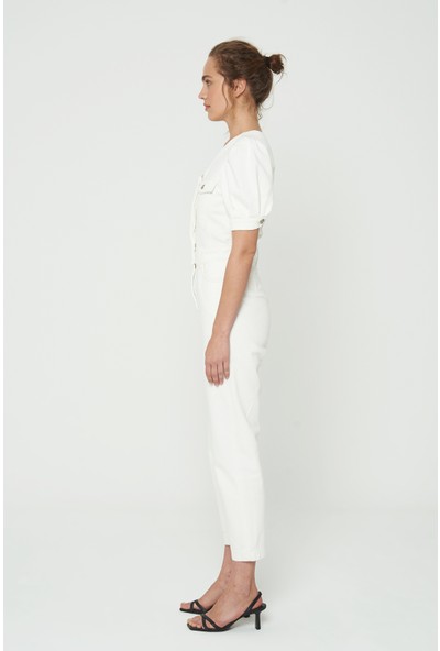 Cross Jeans Ekru Balon Kollu Çıtçıt Kapamalı Jean Tulum C 4535-011