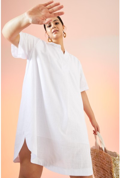 Defacto V Yaka Kısa Kollu Büyük Beden Yazlık Elbise V8942AZ21HS