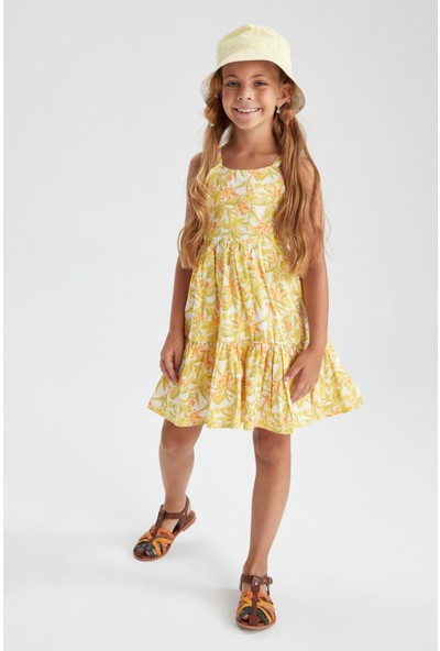 DeFacto Kız Çocuk Regular Fit Çiçek Desenli Askılı Poplin Elbise W8298A622SP