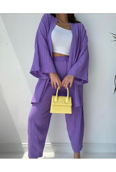 Sıla'nın Butiği Kadın Alt-Üst Oversize Gofre Kimono Takım