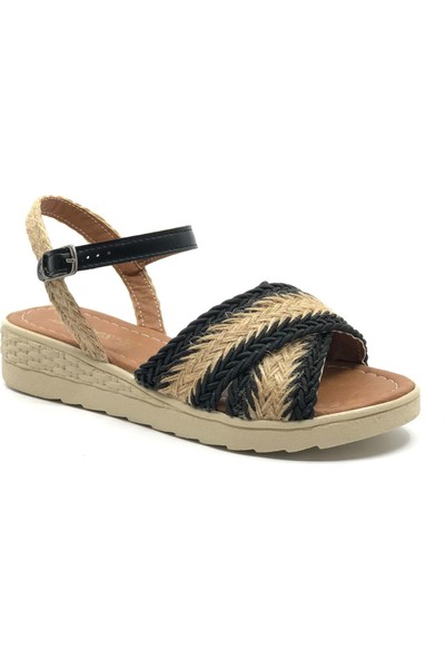 Mehtap Hasır Örgü Detaylı Düz Taban Kadın Sandalet