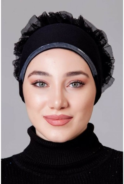 Sahra Şal Dünyasi Silikonlu Fırfırlı Siyah Bone