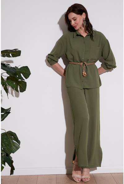 Lela Rahat Kalıp Hasır Kemerli Yırtmaçlı Bol Paça Gömlekli Takım Bayan Takım 6058136