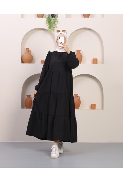 Kadın Büzgülü Bisiklet Yakaa Poplin Kumaş Kolları Manşetli Uzun Kol Tam Boy Düz Tek Renk Elbise