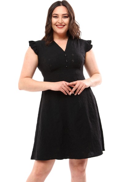 Pianoluce Schık Kadın Büyük Beden Brodeli Elbise Siyah SCKWM22EL01