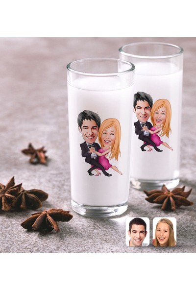 BK Kişiye Özel Sevgililer Karikatürlü Ikili Rakı Bardağı Seti-13