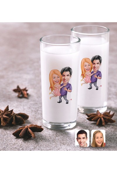 BK Kişiye Özel Sevgililer Karikatürlü Ikili Rakı Bardağı Seti-3