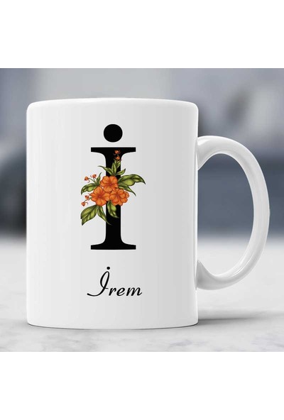 Kupa Market I Harfi Çiçek Desenli Monogramlı Kişiye Özel Kupa Bardak